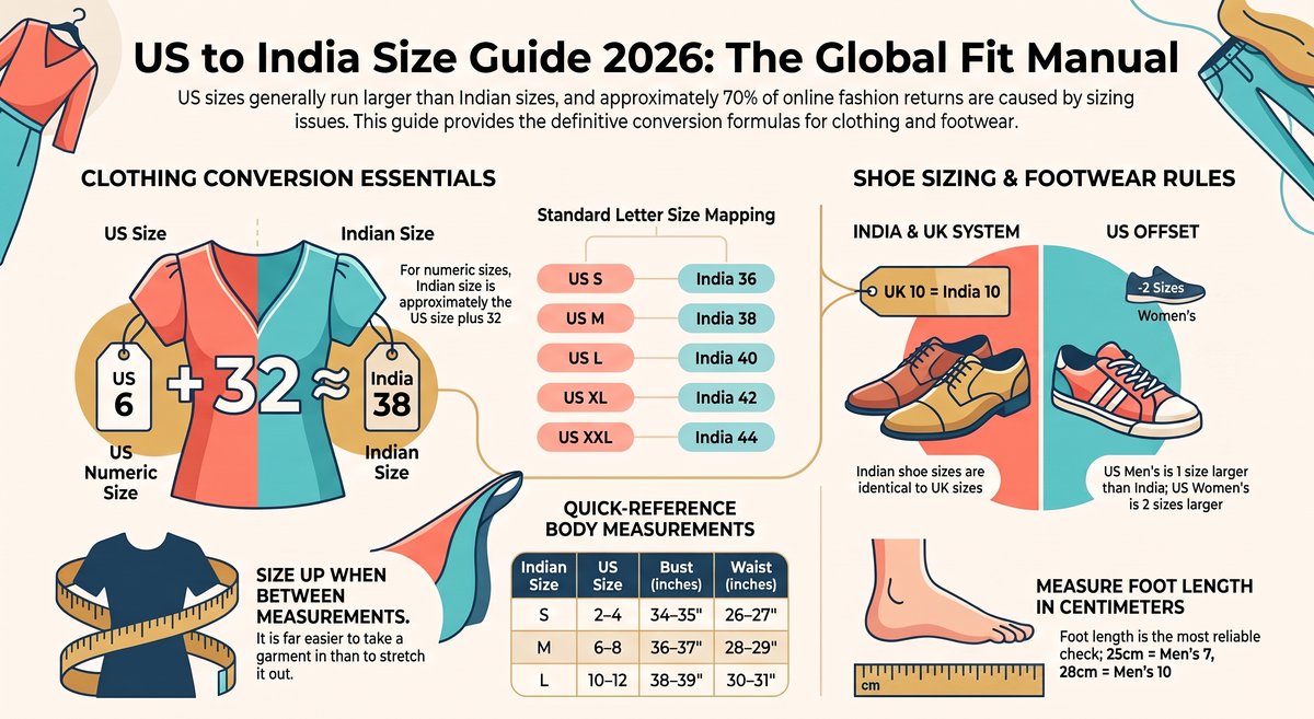 US Size to Indian Size Chart 2026: Clothing + Shoes (UK/EU/cm)